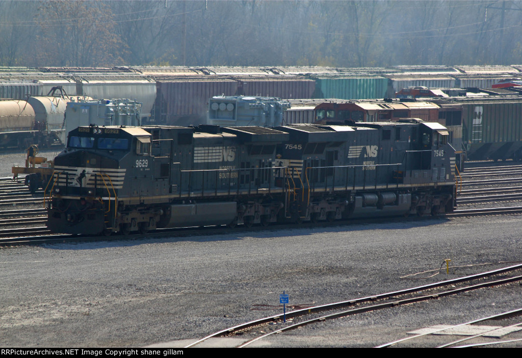 NS 9629 and ns 7545 sit in the trra yard waiting for work.